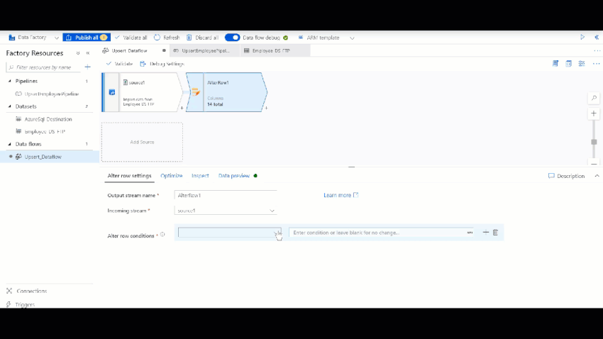 Azure Data Factory Implement Upsert Using Dataflow Alter Row